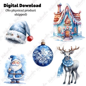 Watercolor Blue Christmas Clipart PNG Bundle - Christmas Card Clipart ...