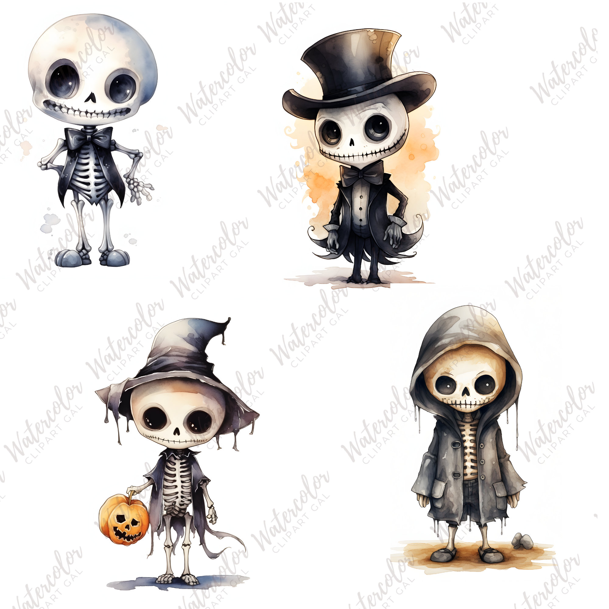Halloween Cute Skeleton PNG Watercolor Bundle Kawaii Skull Clipart ...