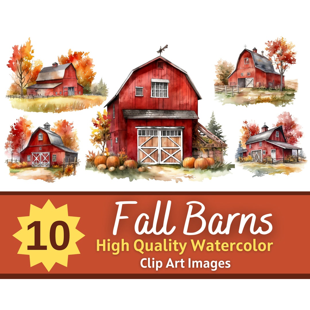 Autumn Fall Farm Red Barns Watercolor PNG Bundle - Fall Farmouse Pngs ...