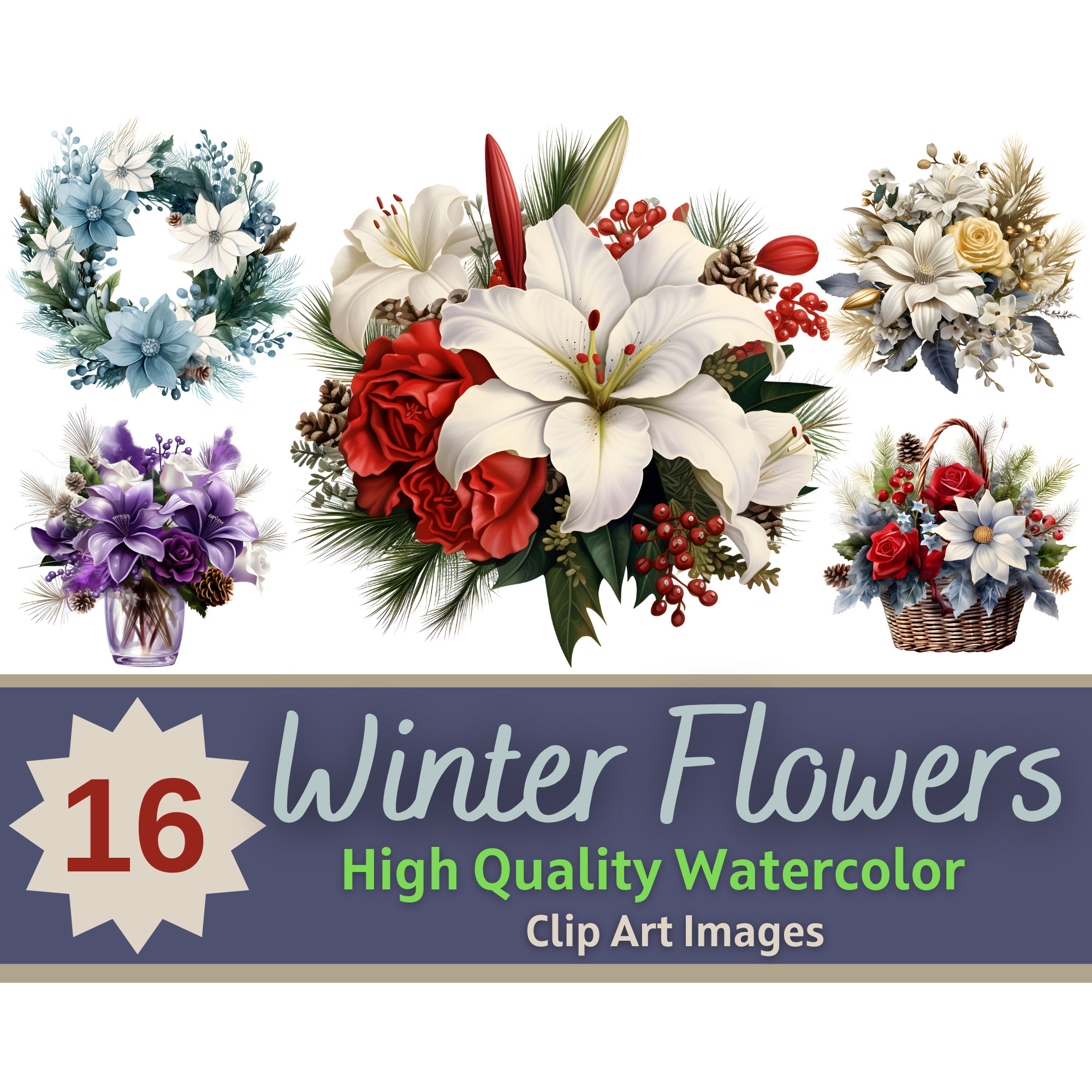Winter Flowers Clipart Watercolor Bundle Christmas Flowers Clipart ...