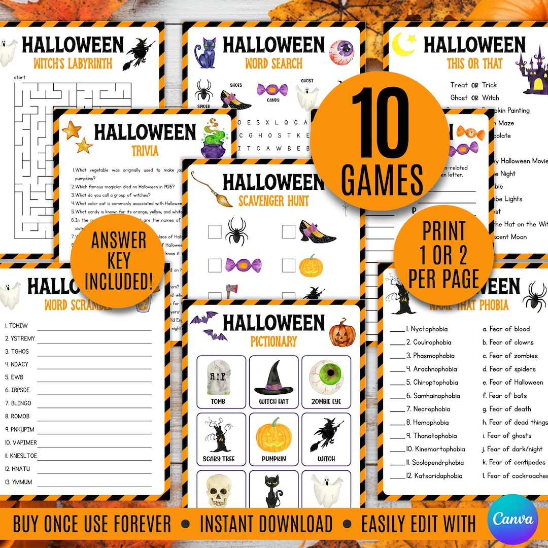 Halloween Party Games Bundle, Printable Trivia, Scavenger Hunt (instant ...