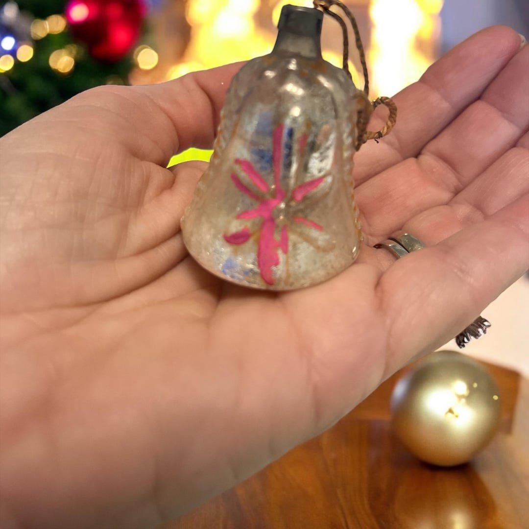 Vintage Glass Christmas Bell Ornament. Pink Flower. Original Hook - Etsy