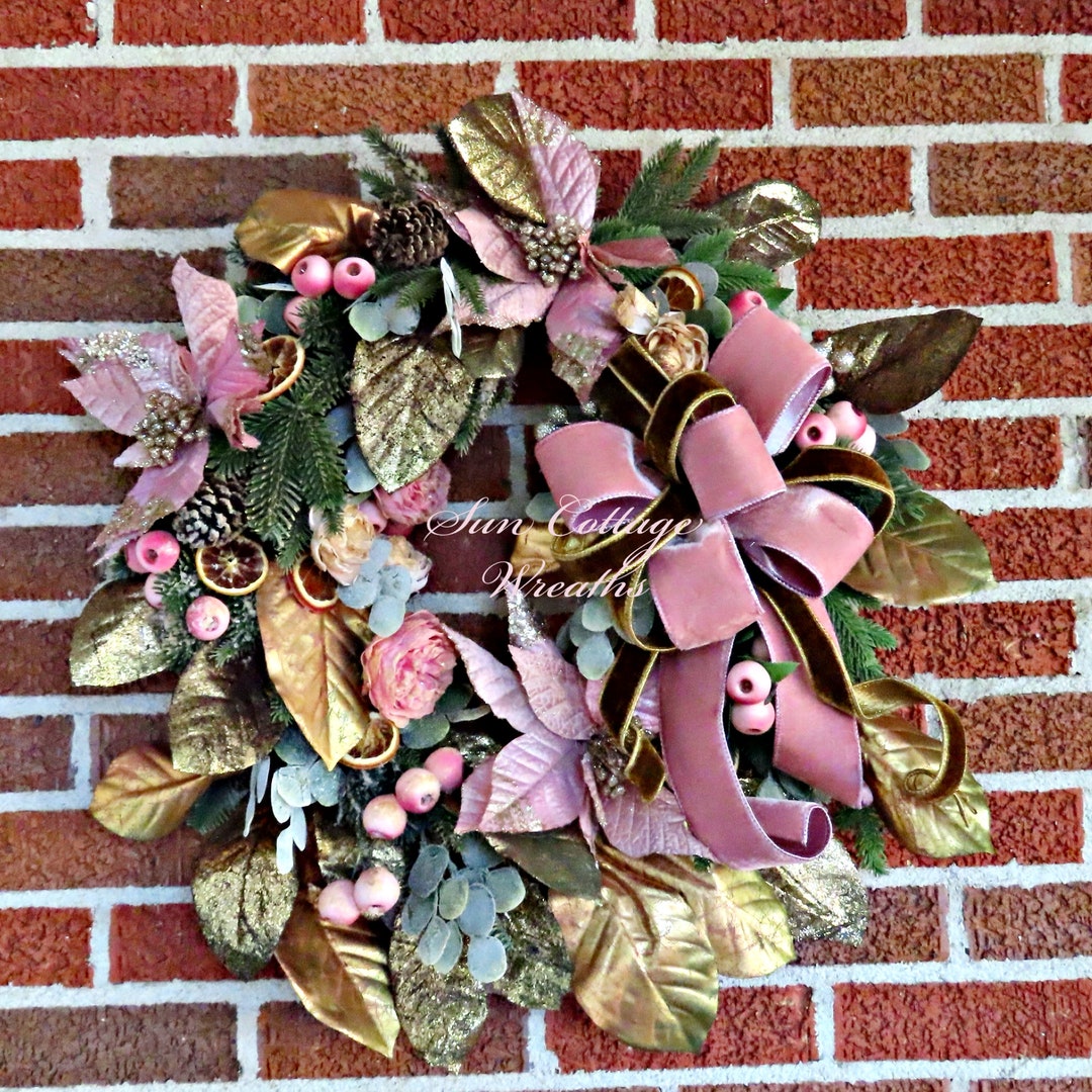 Pink Velvet Poinsettia Christmas Wreath, Victorian Christmas Wreath ...