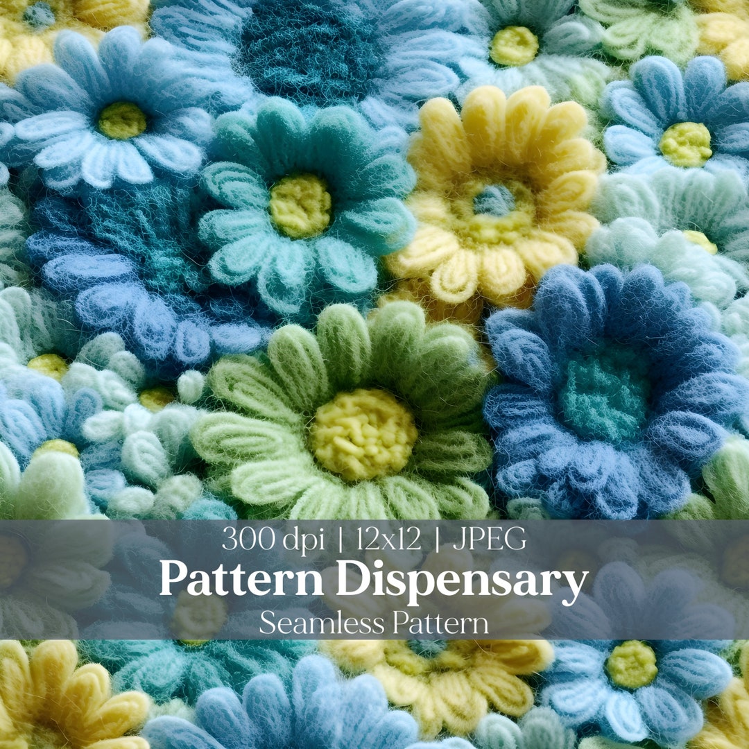 Seamless Digital Daisy Pattern, Blue, Green, Yellow, Textured, Crochet ...