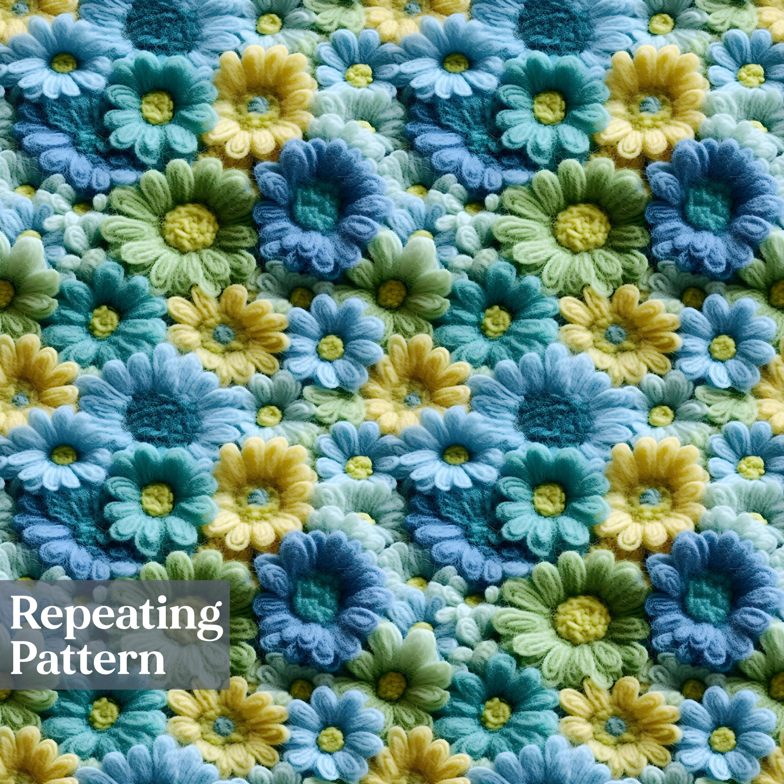 Blue Green Daisy Pattern, Textured Floral Design (seamless Digital JPEG ...