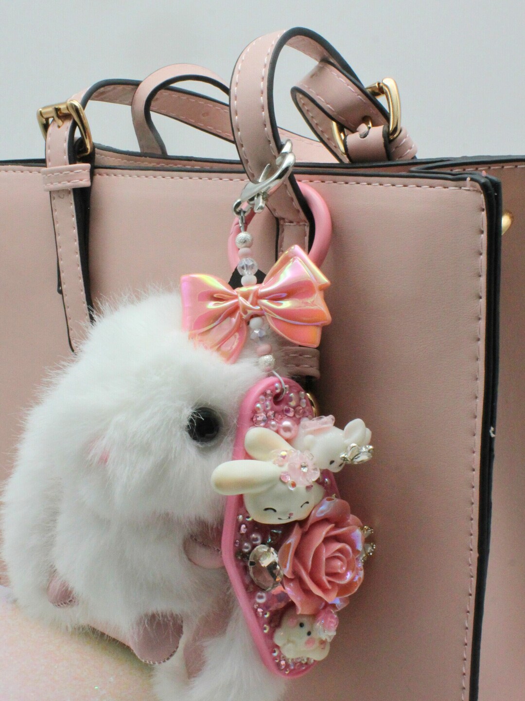 White/pink Bunny Kawaii Cute Decoden Keychain Purse Charm Set - Etsy