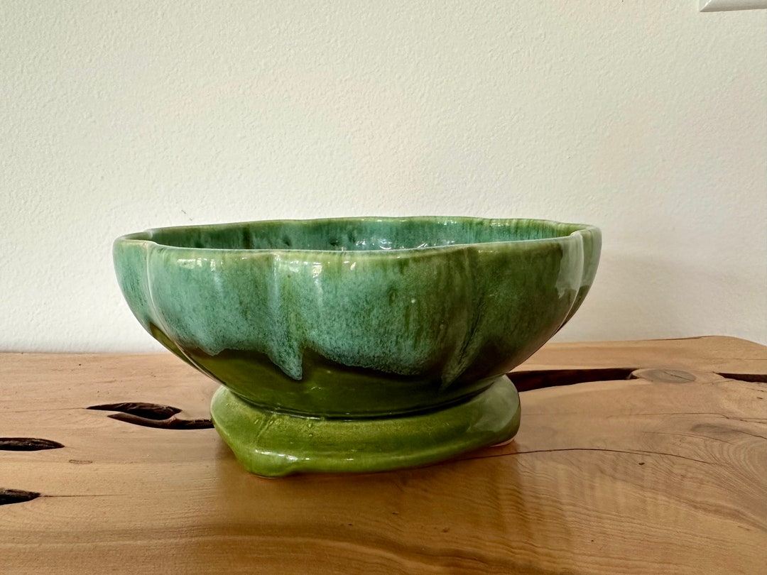 Vintage Ceramic Footed Bowl, Drip Bowl, Drip Glaze Pedestal Planter ...