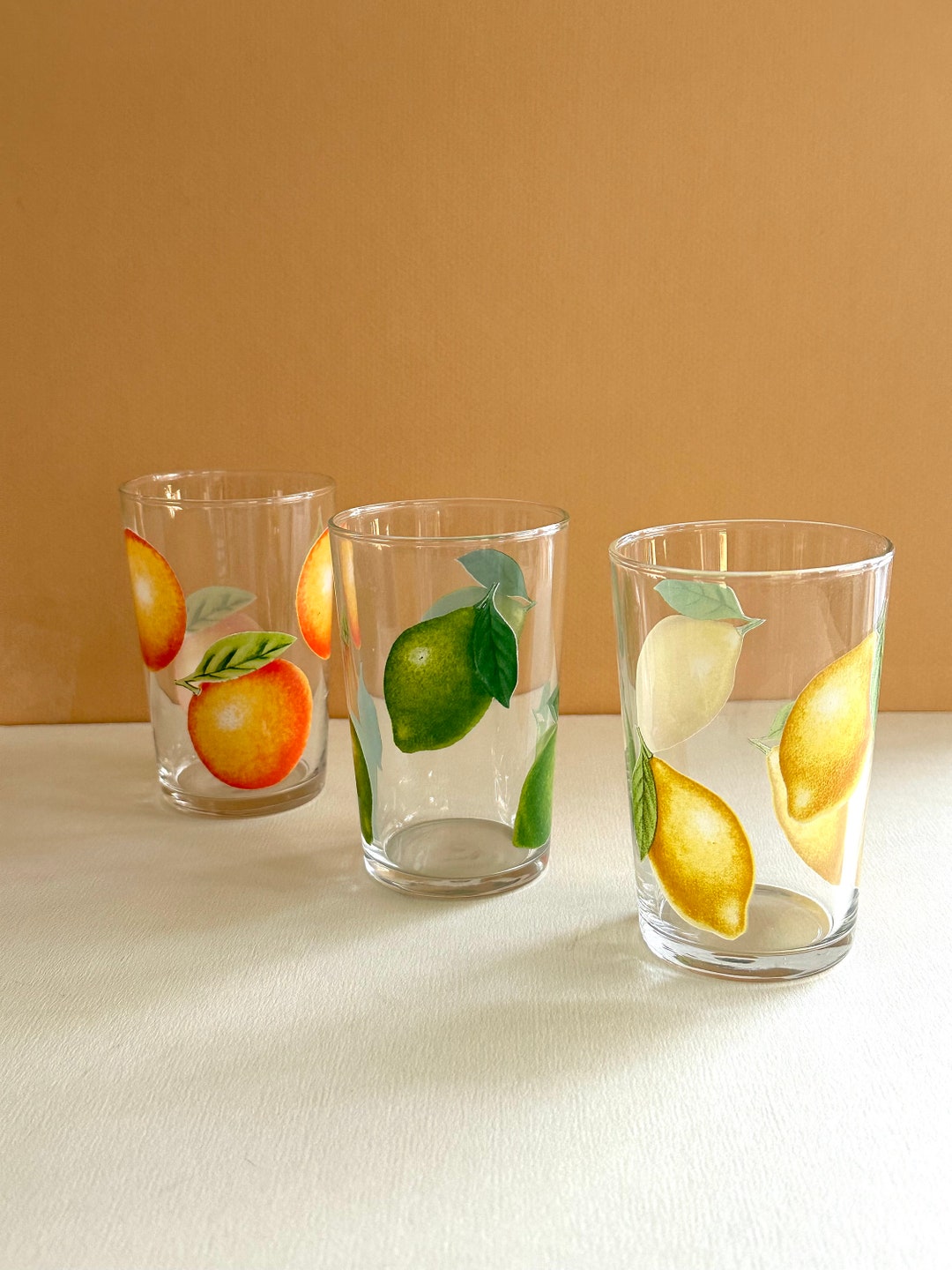 Set of 3 Vintage Fruit Design Juice Glasses, Retro Glassware, Mid ...