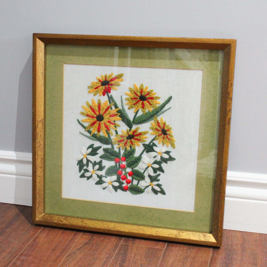 Vintage Floral Embroidery Art, Framed With Glass - Etsy