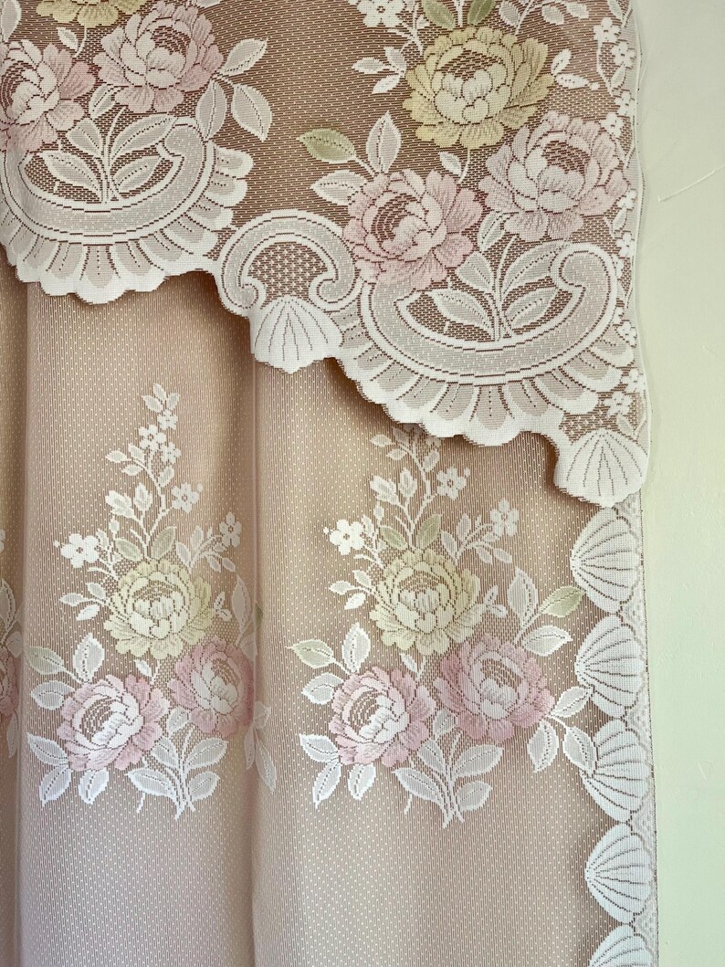 Vintage Pink Floral Lace Curtain Panel + Valance Set Shells Scalloped ...
