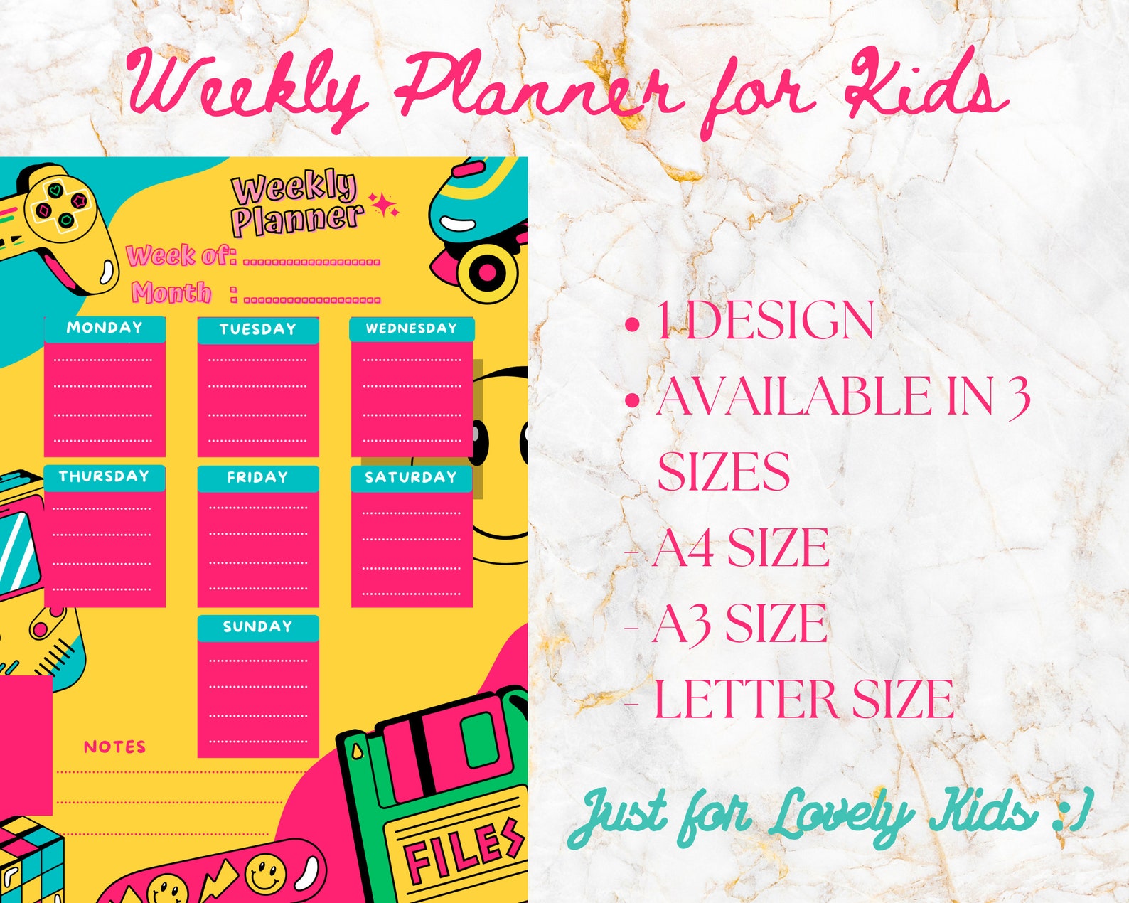 Weekly Planner, Printable, Kids, Undated, Notes, to Do Planner, A3, A4 ...