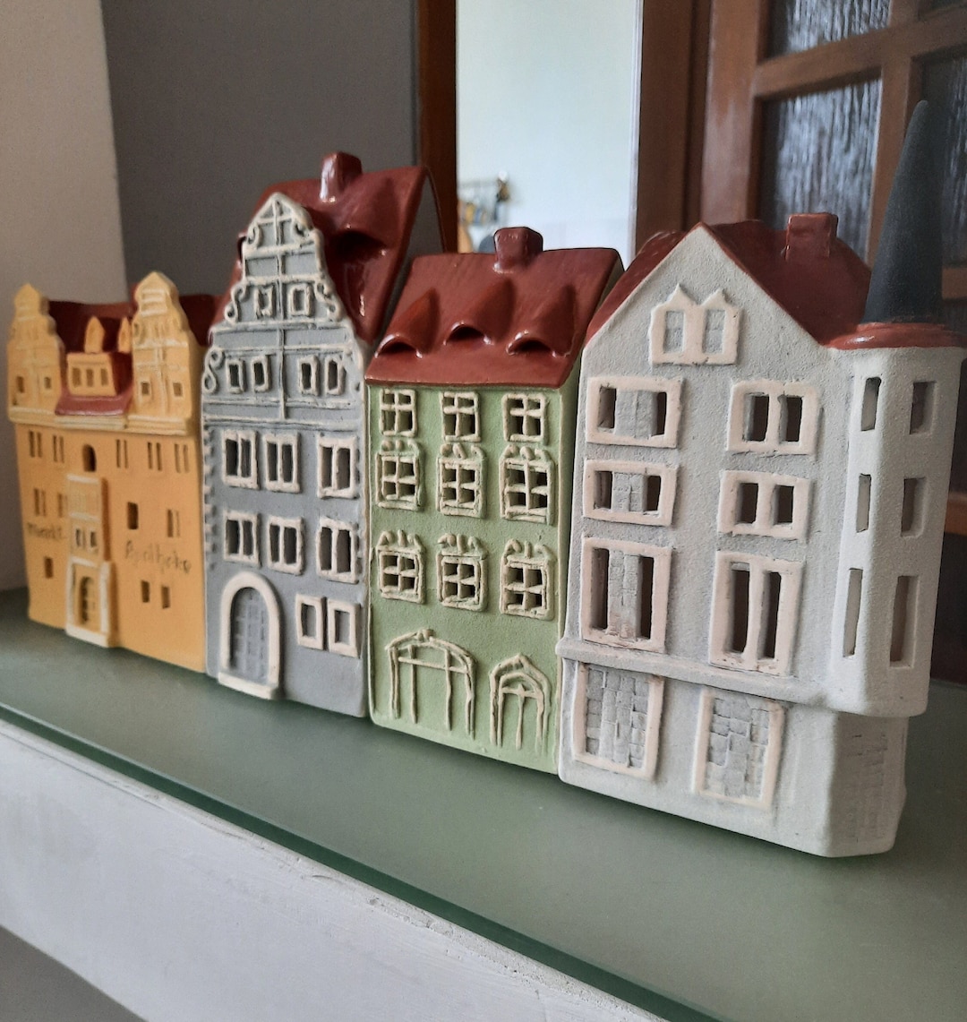 Set of Four Colorful Ceramic Houses, Ceramic Village, Tea Light Houses ...