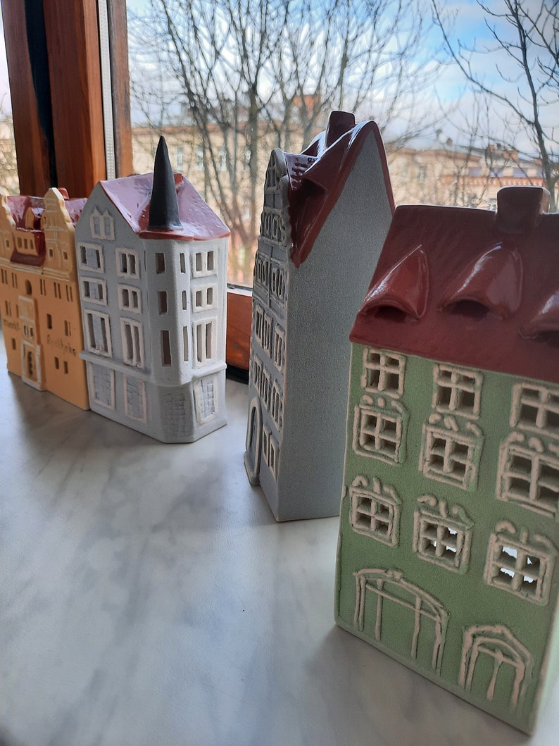 Set of Four Colorful Ceramic Houses, Ceramic Village, Tea Light Houses ...