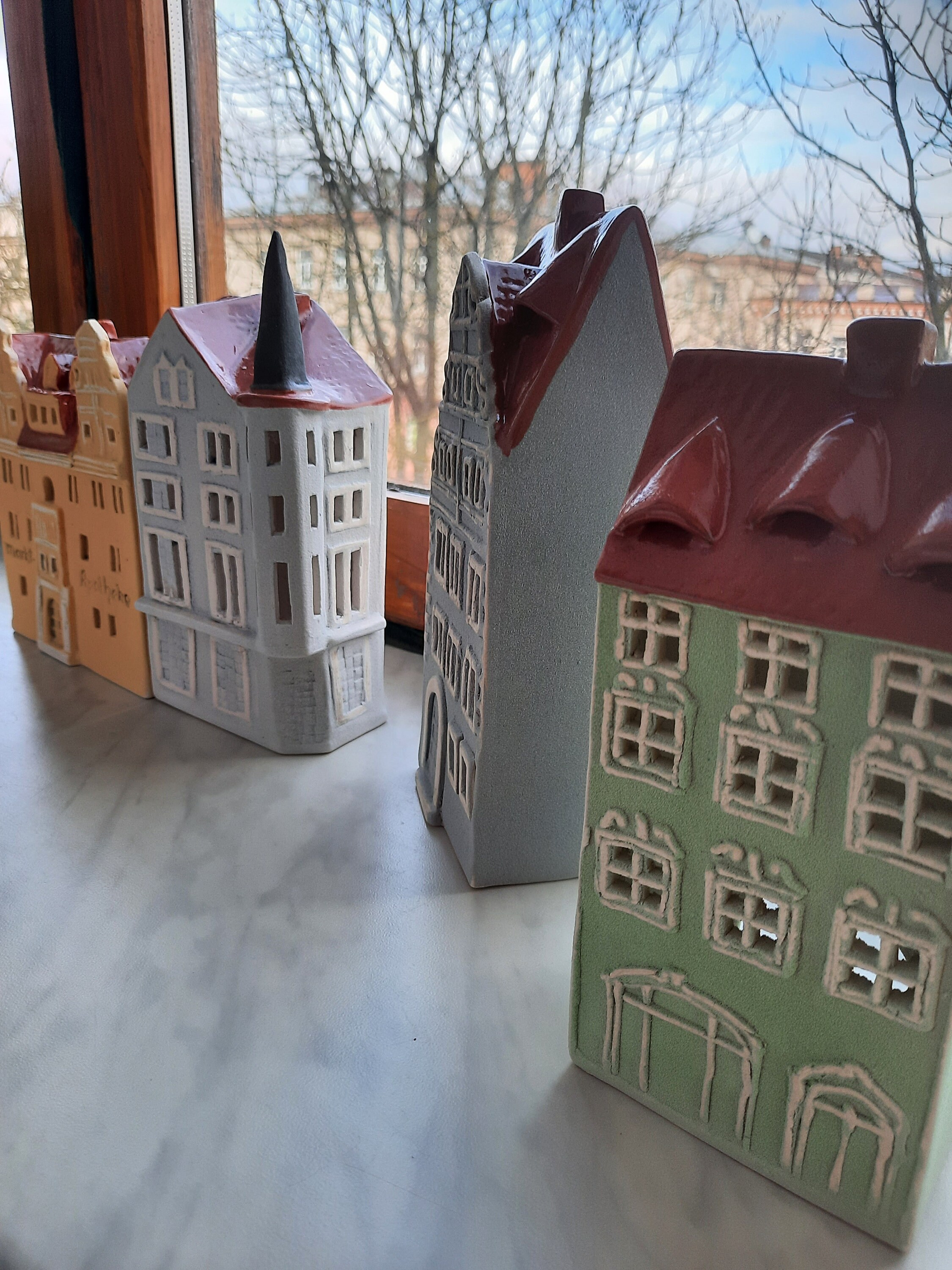 Set of Four Colorful Ceramic Houses, Ceramic Village, Tea Light Houses ...