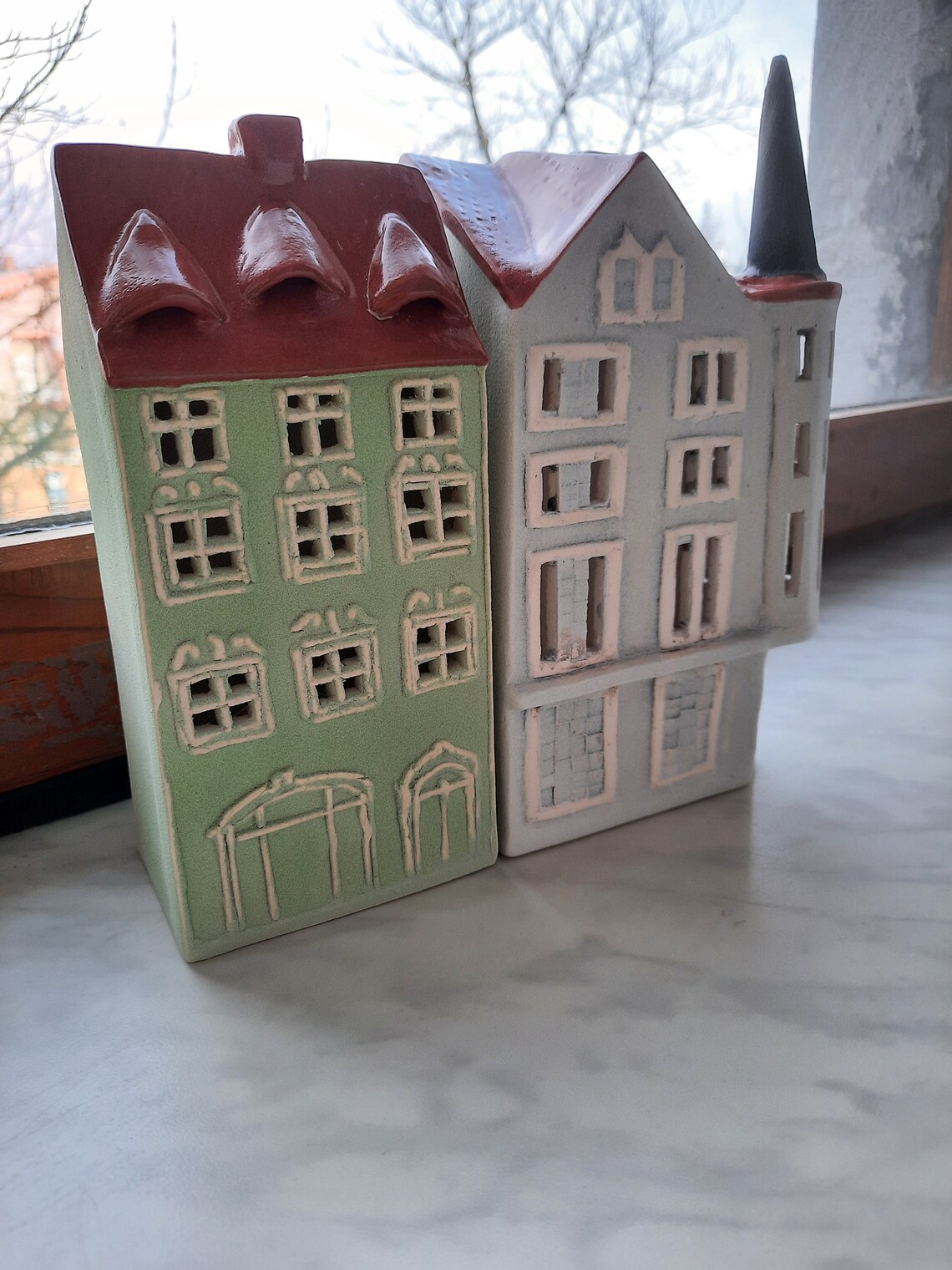 Set of Four Colorful Ceramic Houses, Ceramic Village, Tea Light Houses ...