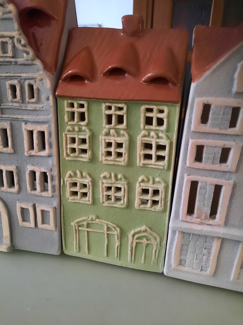 Set of Four Colorful Ceramic Houses, Ceramic Village, Tea Light Houses ...
