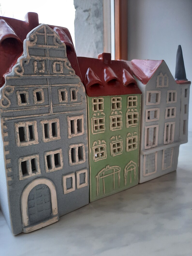 Set of Four Colorful Ceramic Houses, Ceramic Village, Tea Light Houses ...