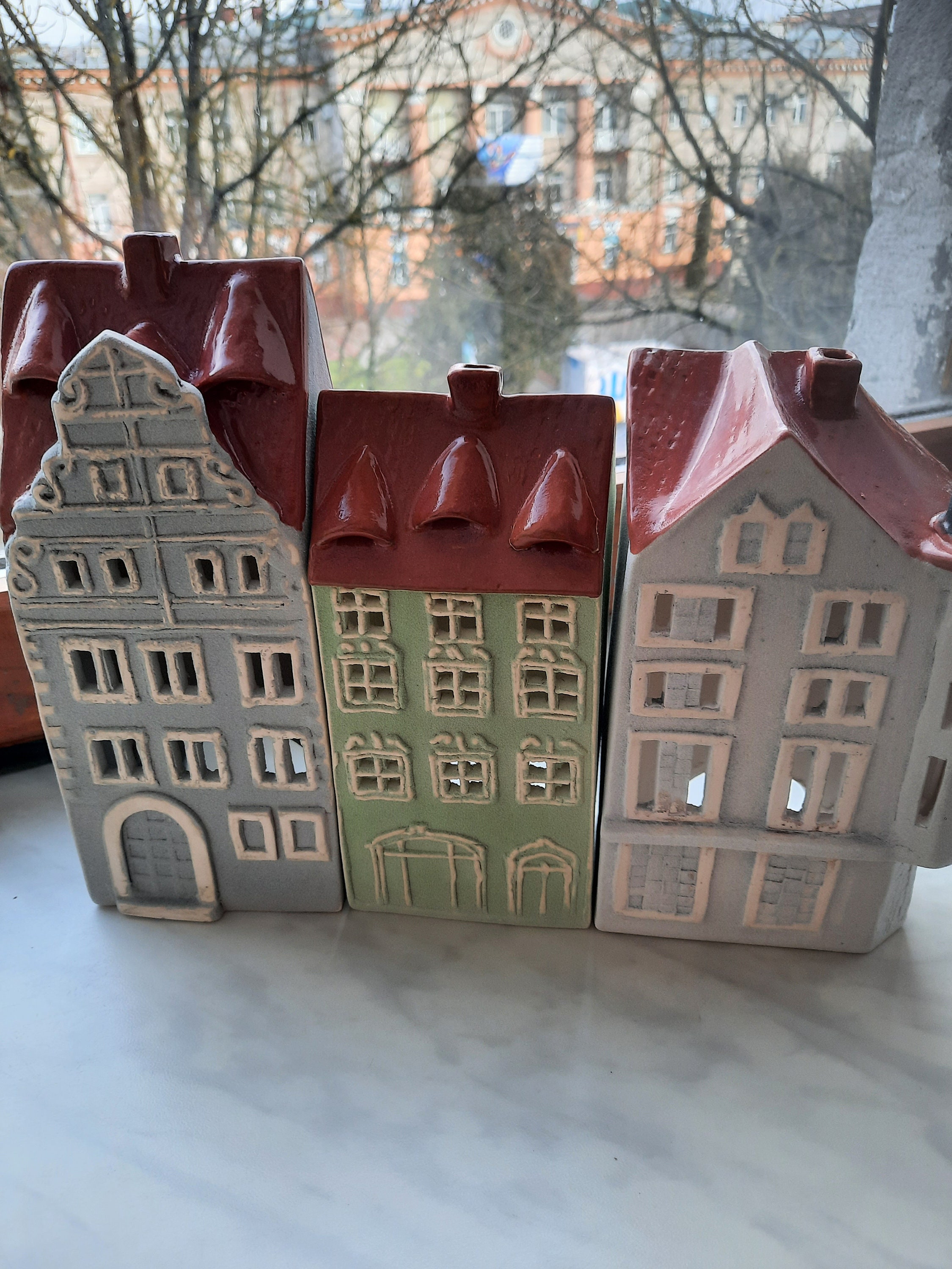 Set of Four Colorful Ceramic Houses, Ceramic Village, Tea Light Houses ...