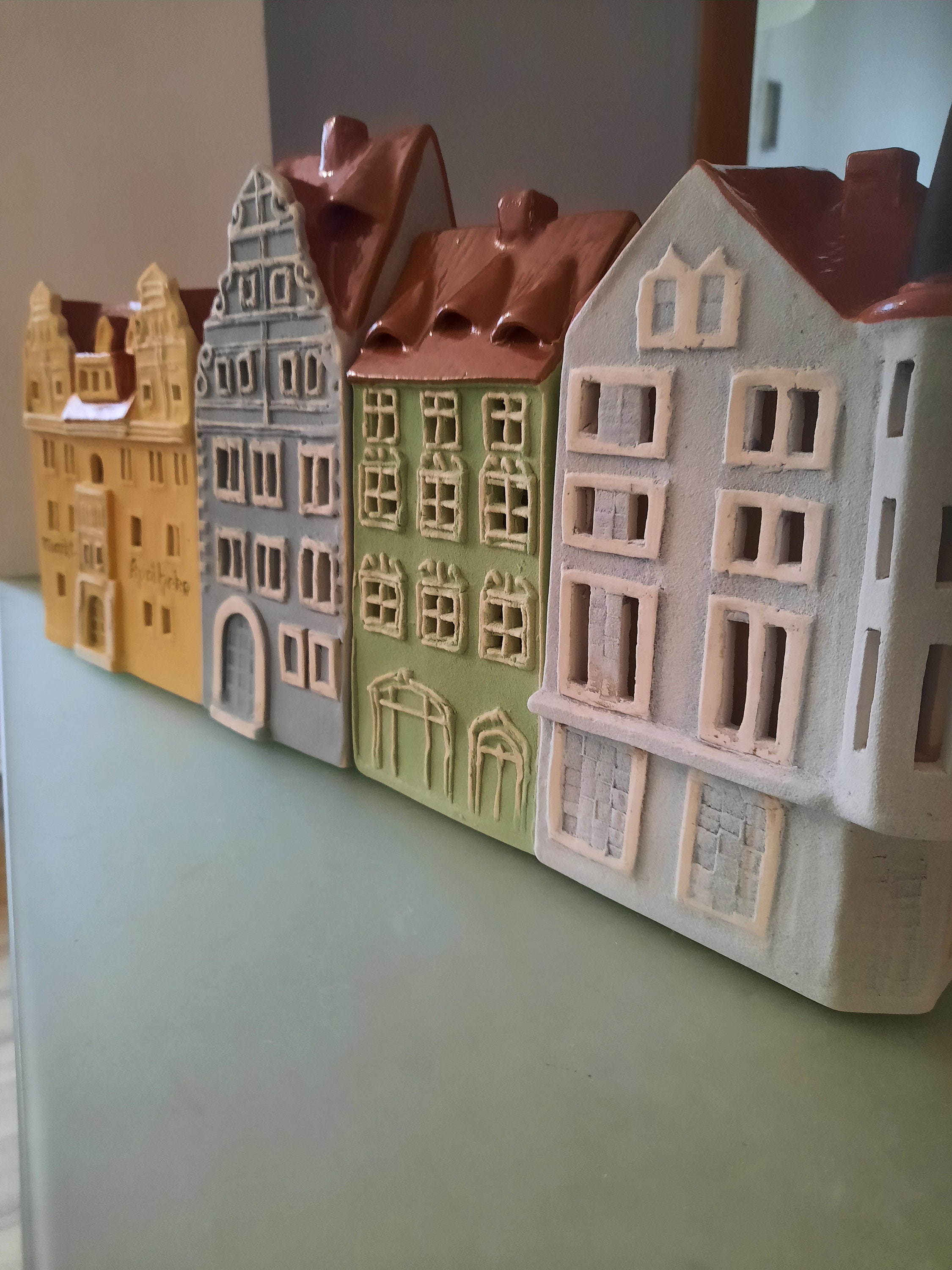 Set of Four Colorful Ceramic Houses, Ceramic Village, Tea Light Houses ...