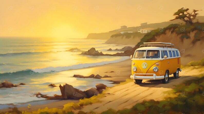 Digital Download: Little Yellow VW Bus Beach Art Print, Golden Sunset ...