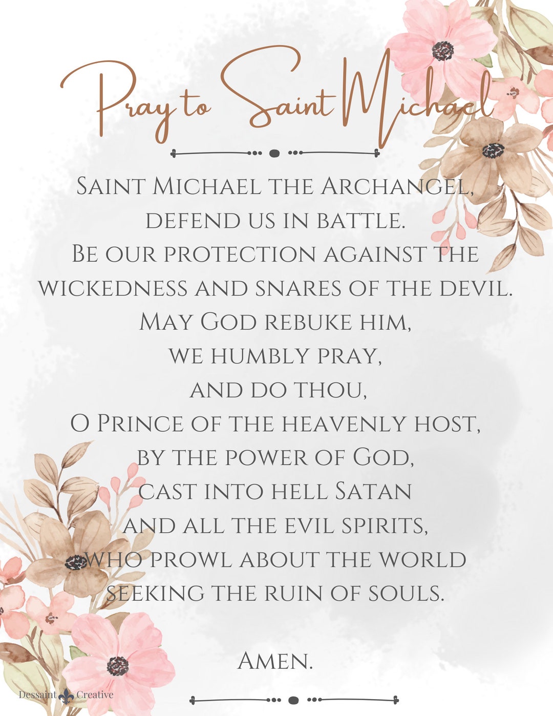 Prayer to Saint Michael - 8.5x11 - Grey Watercolor With Flowers ...