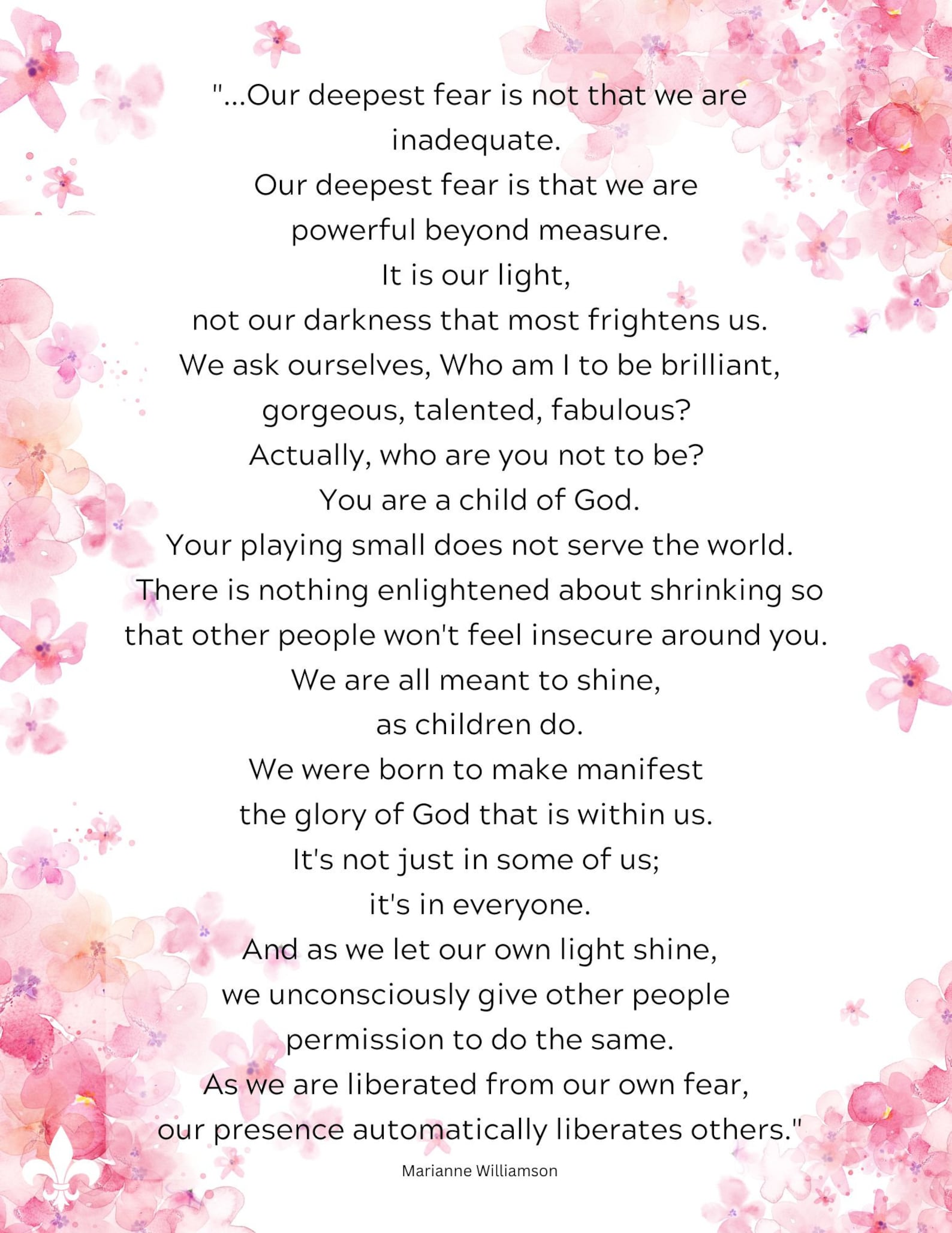 Our Deepest Fear - Pink Flowers - DOWNLOADABLE - by Marianne Williamson ...