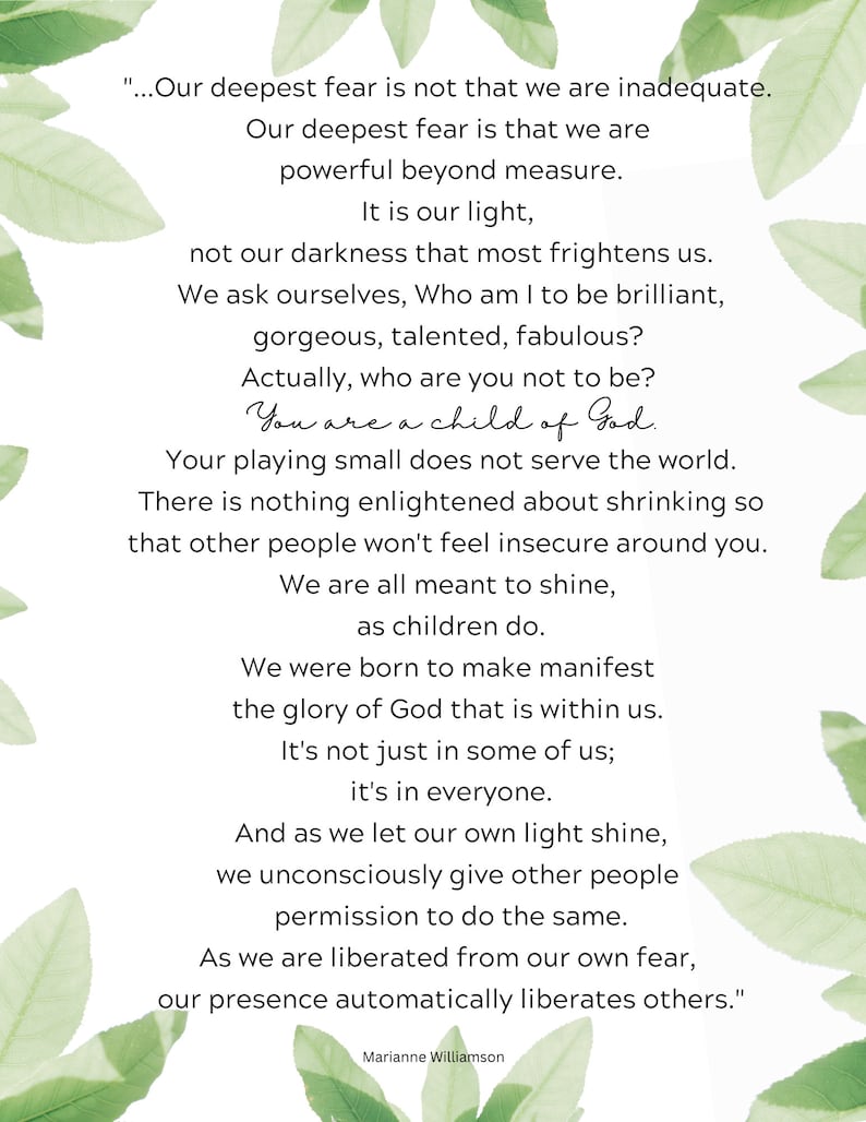 Our Deepest Fear - Green Leaves - DOWNLOADABLE - by Marianne Williamson ...