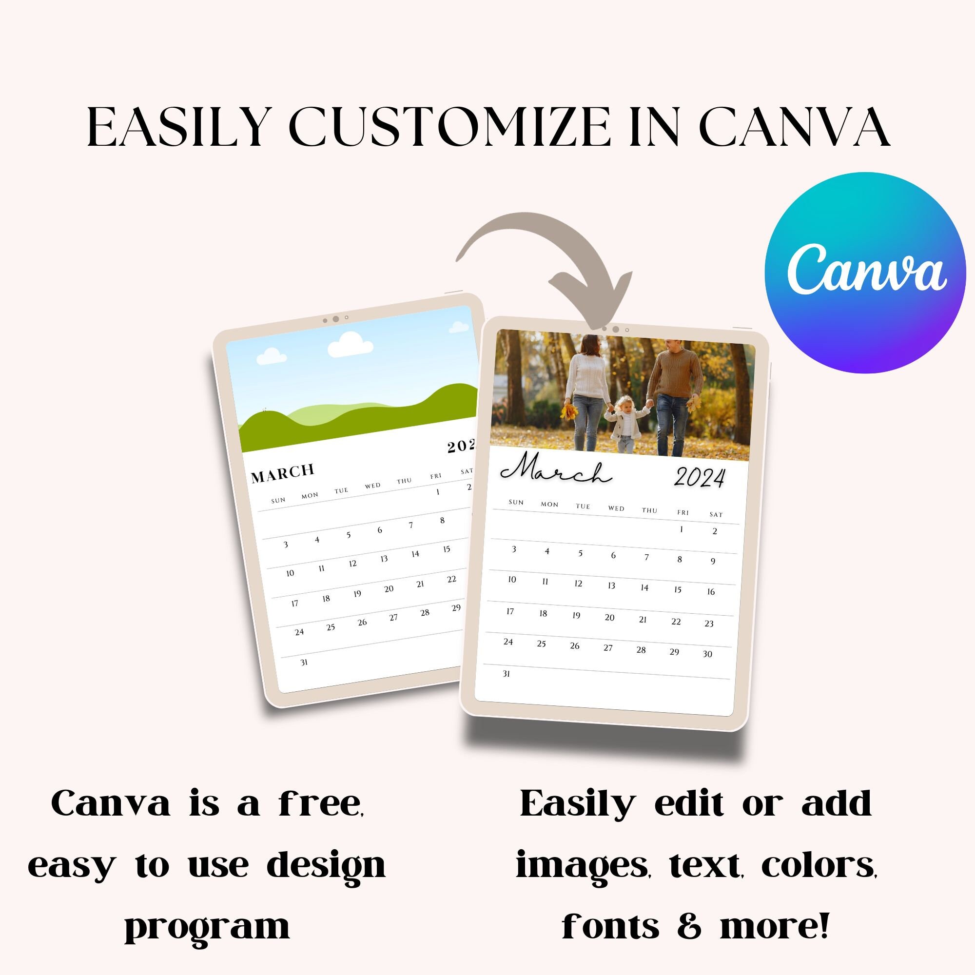 2024 Calendar Template With Photos, Easy Edit Canva Templates ...