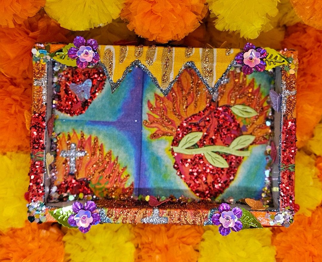 Shadow Box Flaming Heart Milagro Heart - Etsy