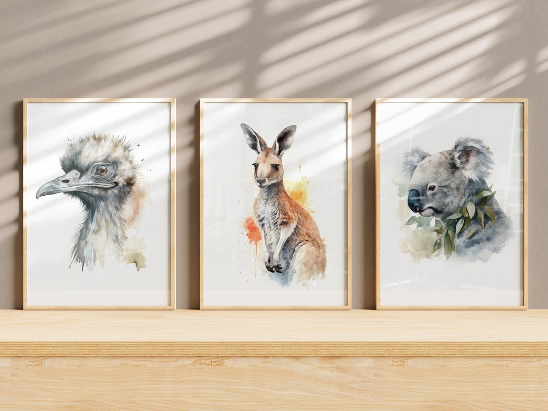 Three Australian Animals Watercolour Art Print Featuring an Emu, Koala ...