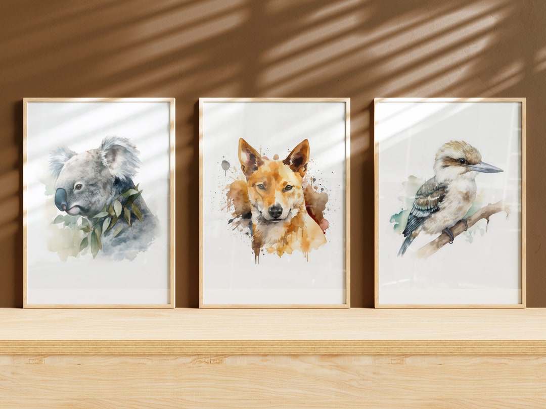 Three Australian Animals Watercolour Art Print Featuring a Koala, Dingo ...