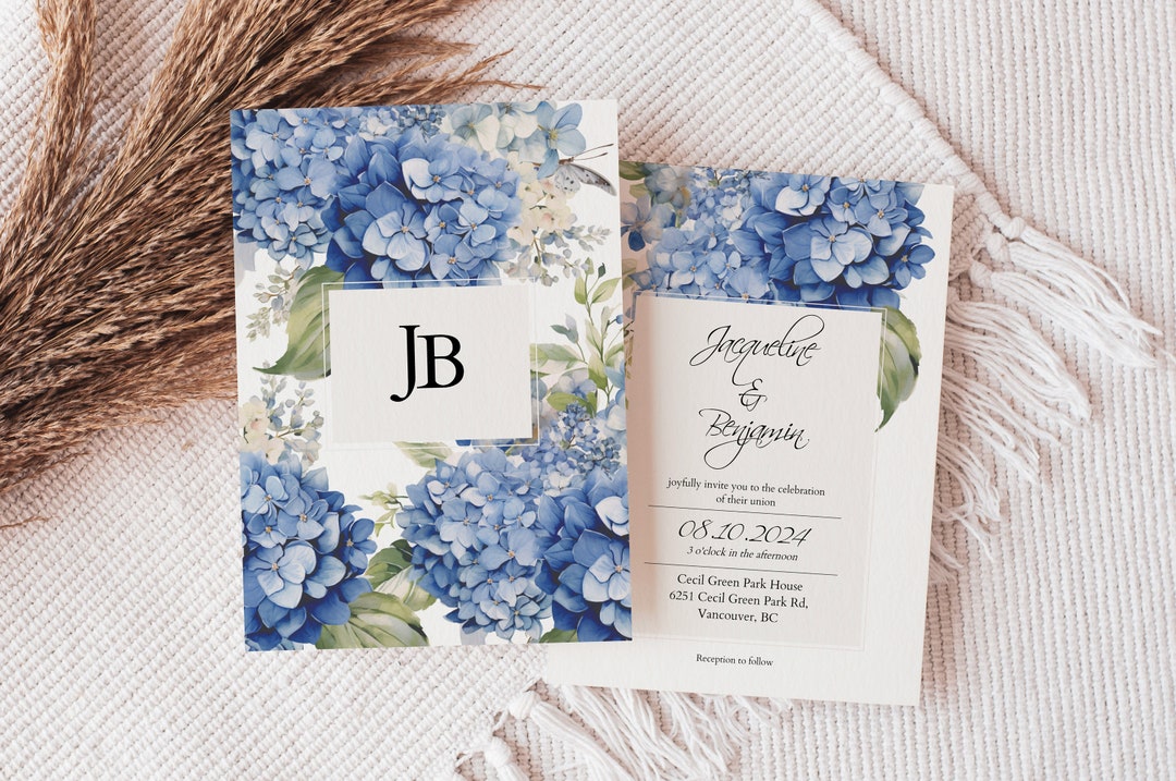 Blue Hydrangea Wedding Invitation Template, 5x7" Editable Digital ...