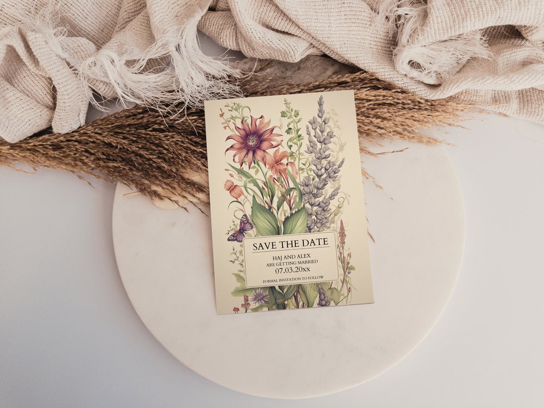 Boho Wildflower Save the Date Template, Botanical Illustration (digital ...