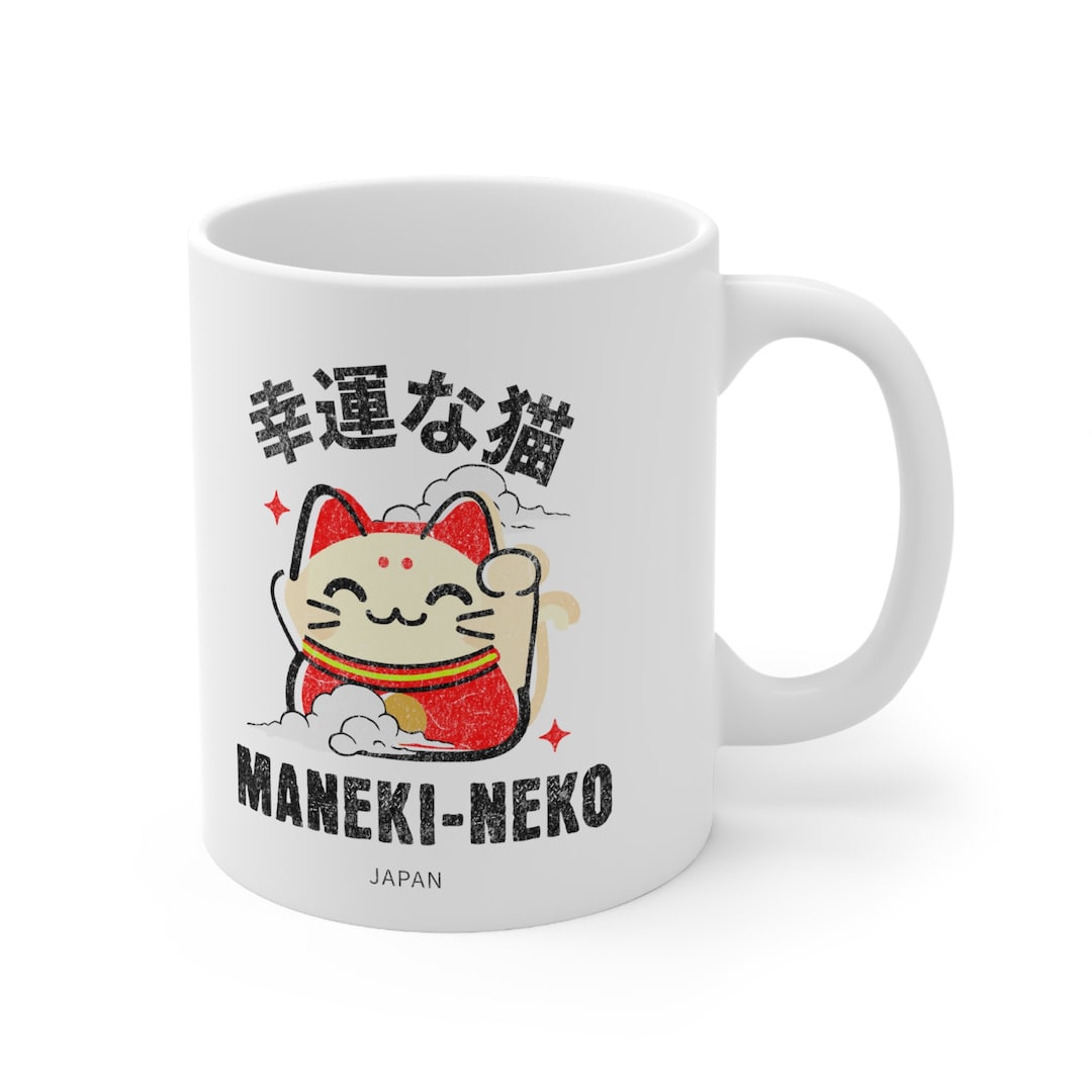 Maneki-neko Mug, Japanese Lucky Cat Mug, Japanese Text Cat Mug, Gift ...