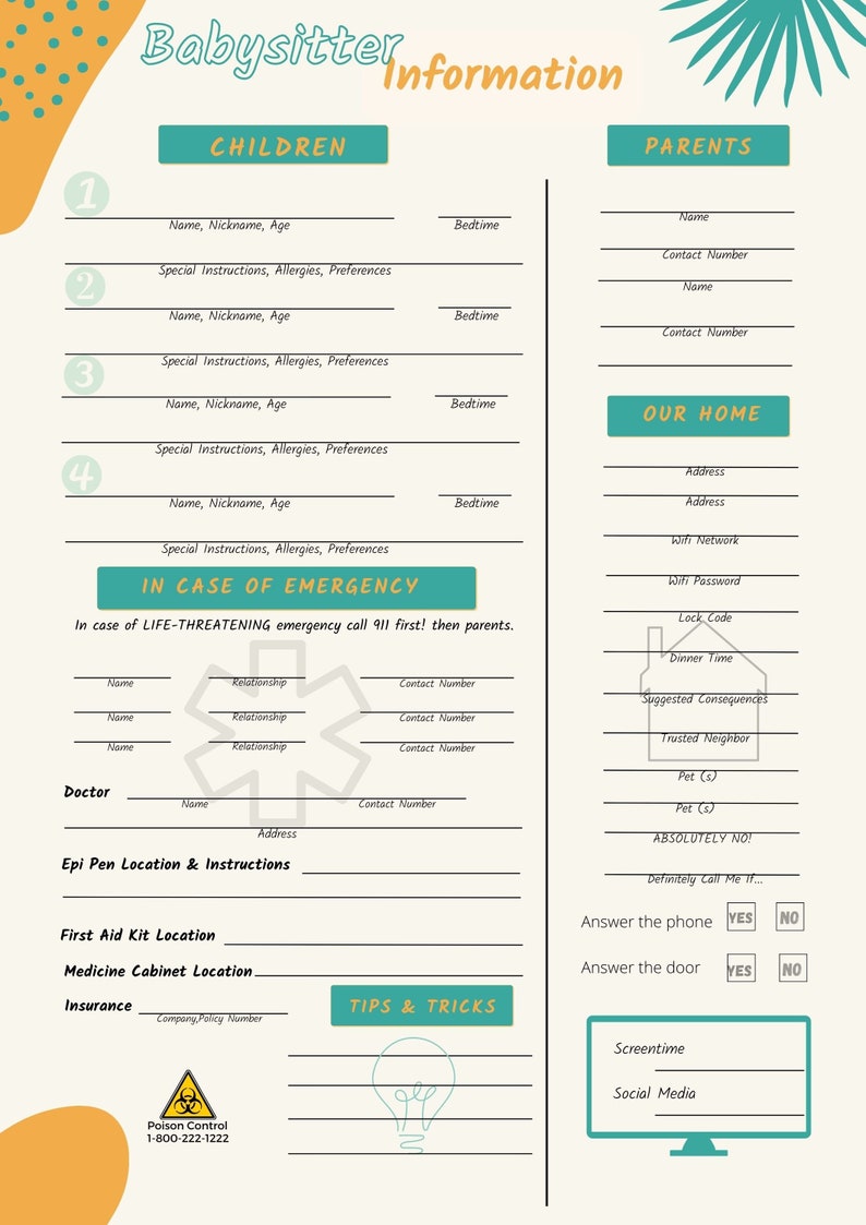 Printable Babysitter Reference Sheet Template, Downloadable Files ...