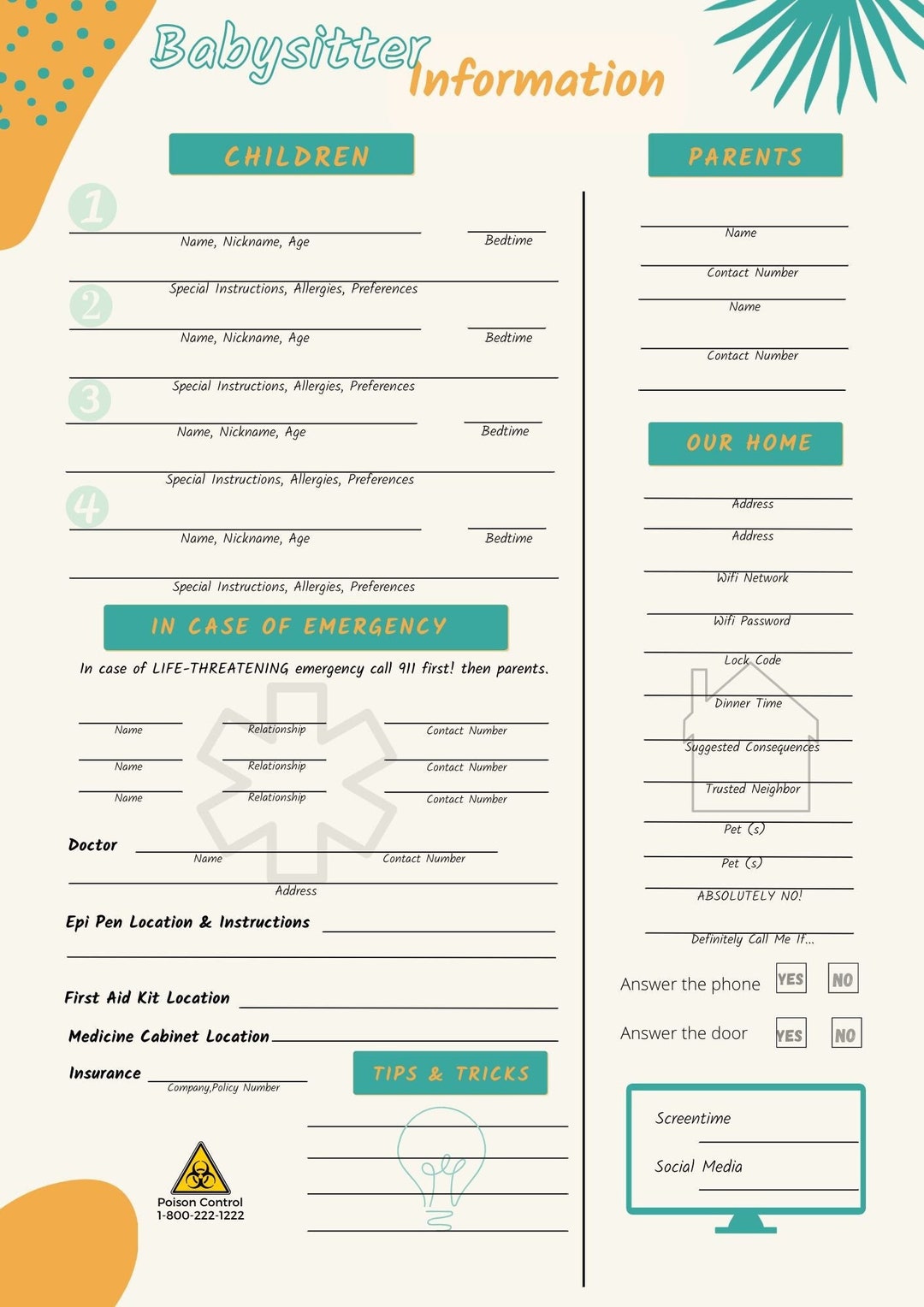 Printable Babysitter Reference Sheet Template, Downloadable Files ...