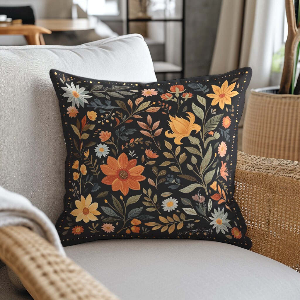 Mid Century Modern Black Floral Throw Pillows Decorative Pillows for ...