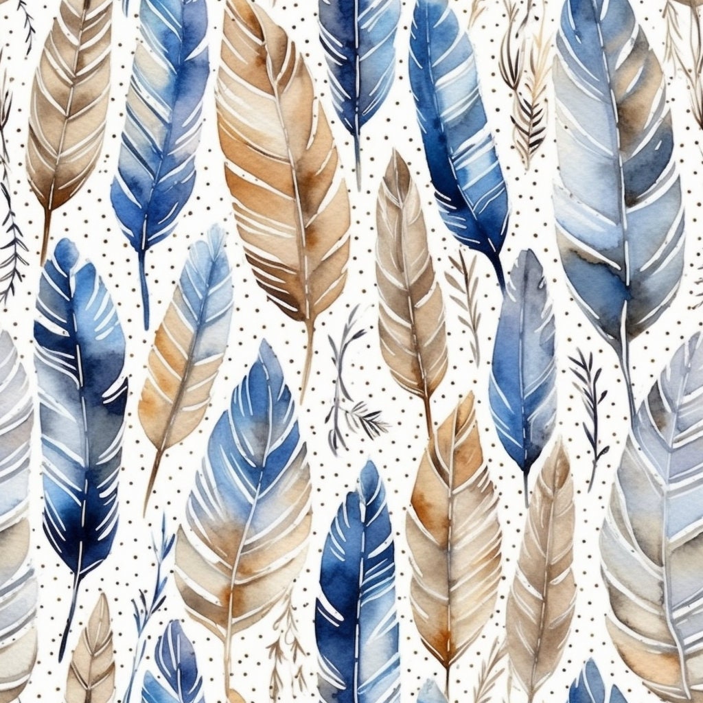 Blue and Tan Feather Design Digital Paper, 6 Patterns, Instant Download ...