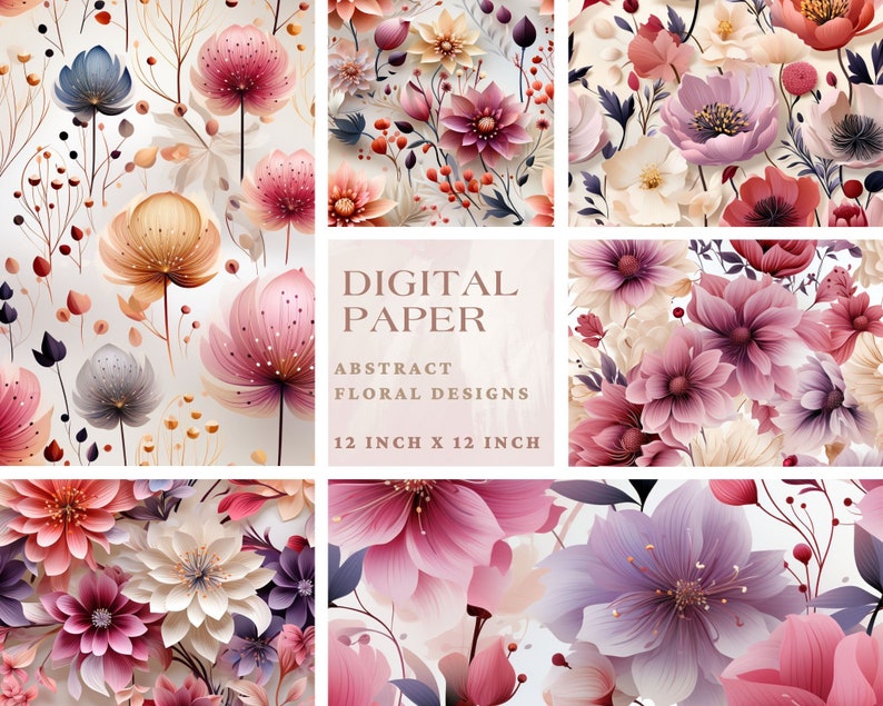 Abstract Floral Design Digital Paper, 6 Patterns, Instant Download ...