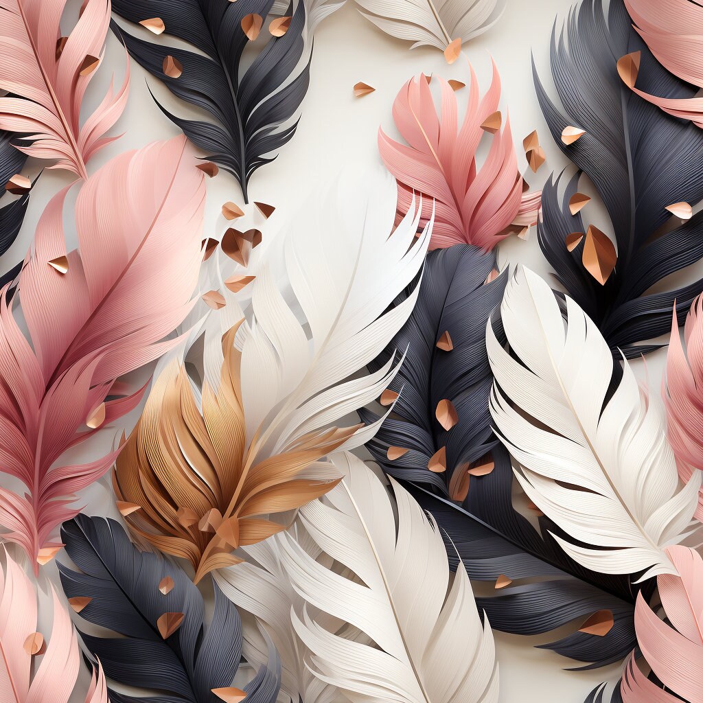 Rose Gold & Grey Feather Design Digital Paper, 6 Patterns, Instant ...