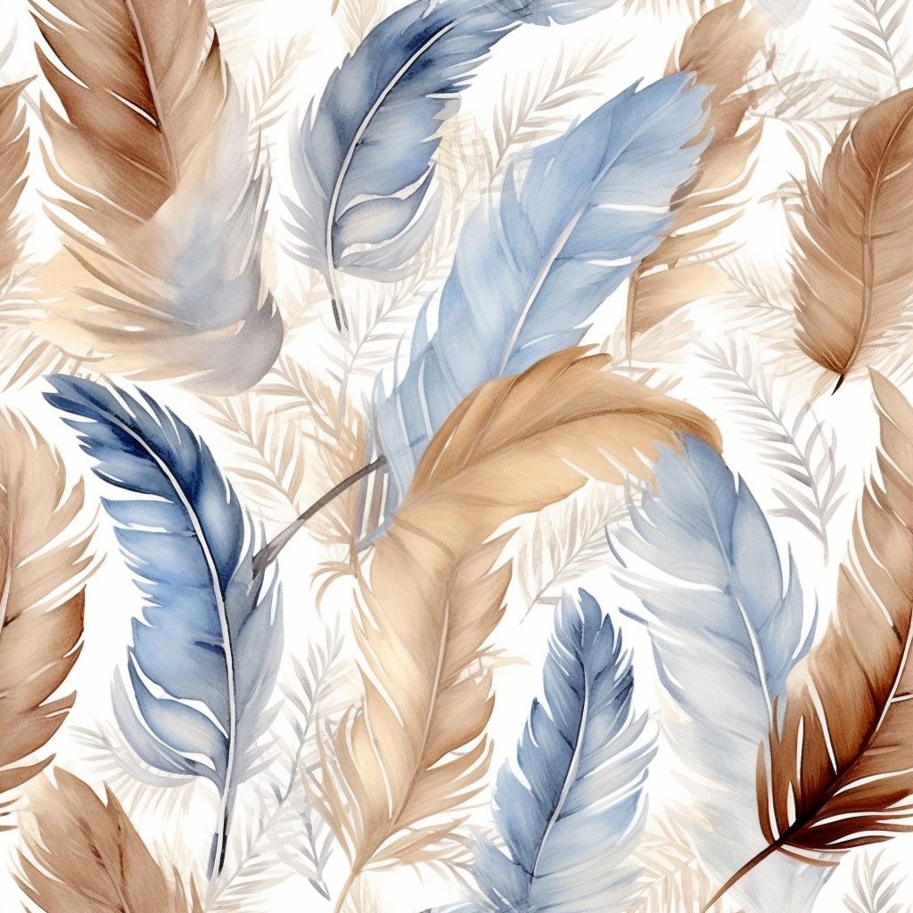 Blue and Tan Feather Design Digital Paper, 6 Patterns, Instant Download ...