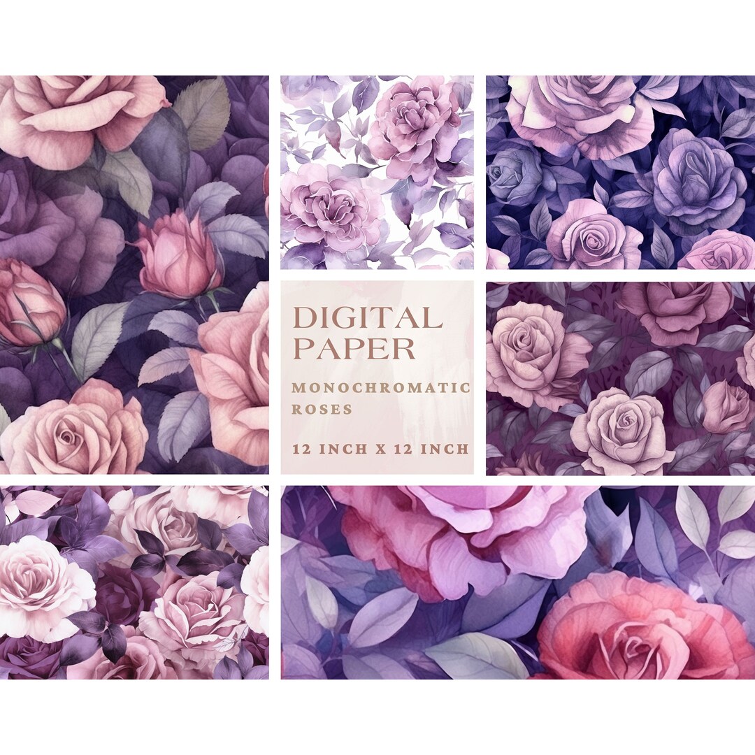 Monochromatic Watercolor Rose Design Digital Paper, 6 Patterns, Instant ...