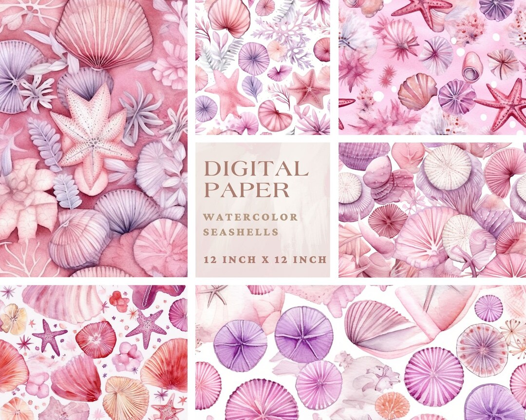 Watercolor Seashell Design Digital Paper, Pink and Lavender, 6 Patterns ...