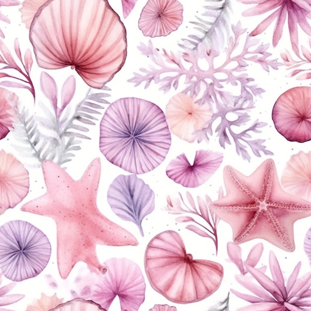 Watercolor Seashell Design Digital Paper, Pink and Lavender, 6 Patterns ...
