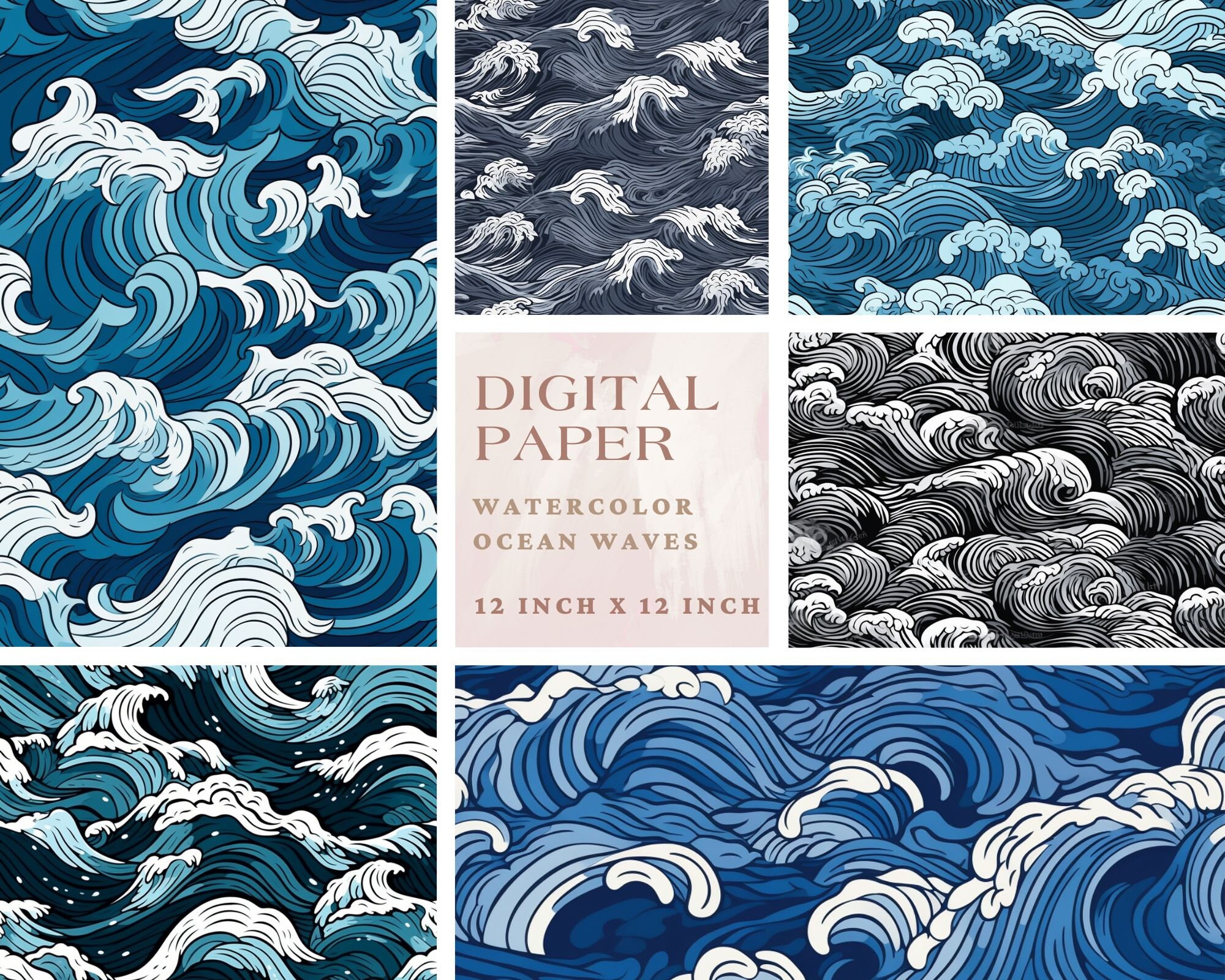 Watercolor Ocean Wave Design Digital Paper, 6 Patterns, Instant ...