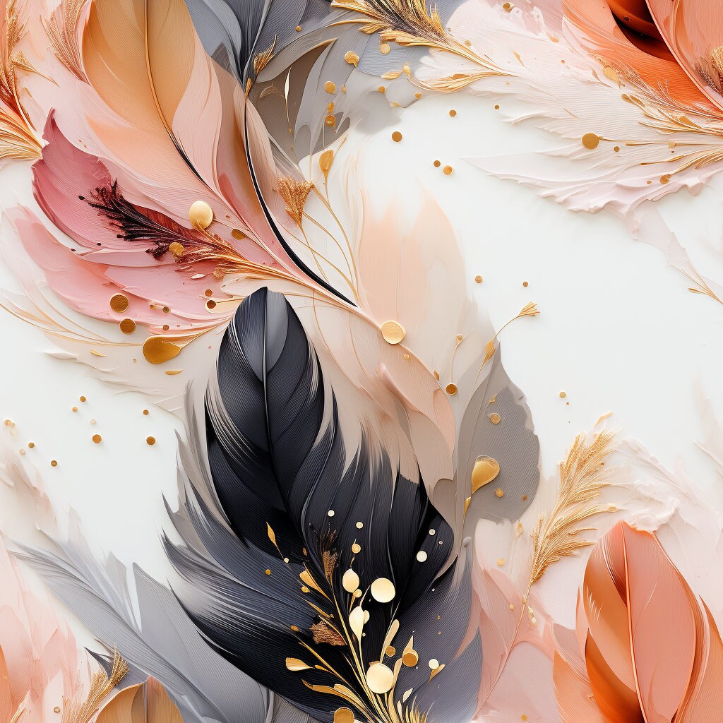 Rose Gold & Grey Feather Design Digital Paper, 6 Patterns, Instant ...