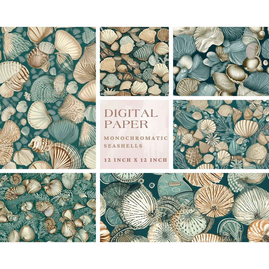 Monochromatic Watercolor Teal/tan Seashell Design Digital Paper, 6 ...