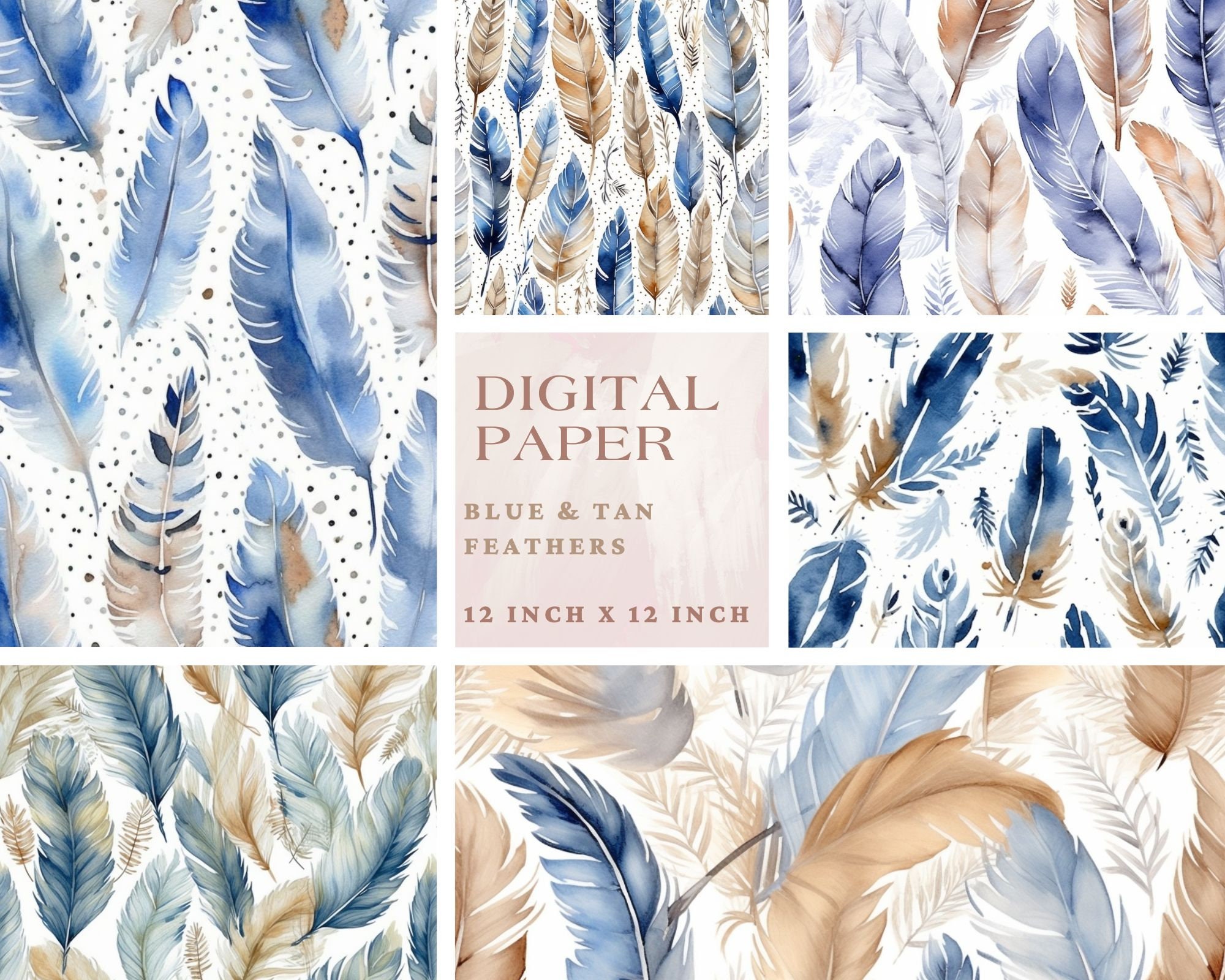 Blue and Tan Feather Design Digital Paper, 6 Patterns, Instant Download ...