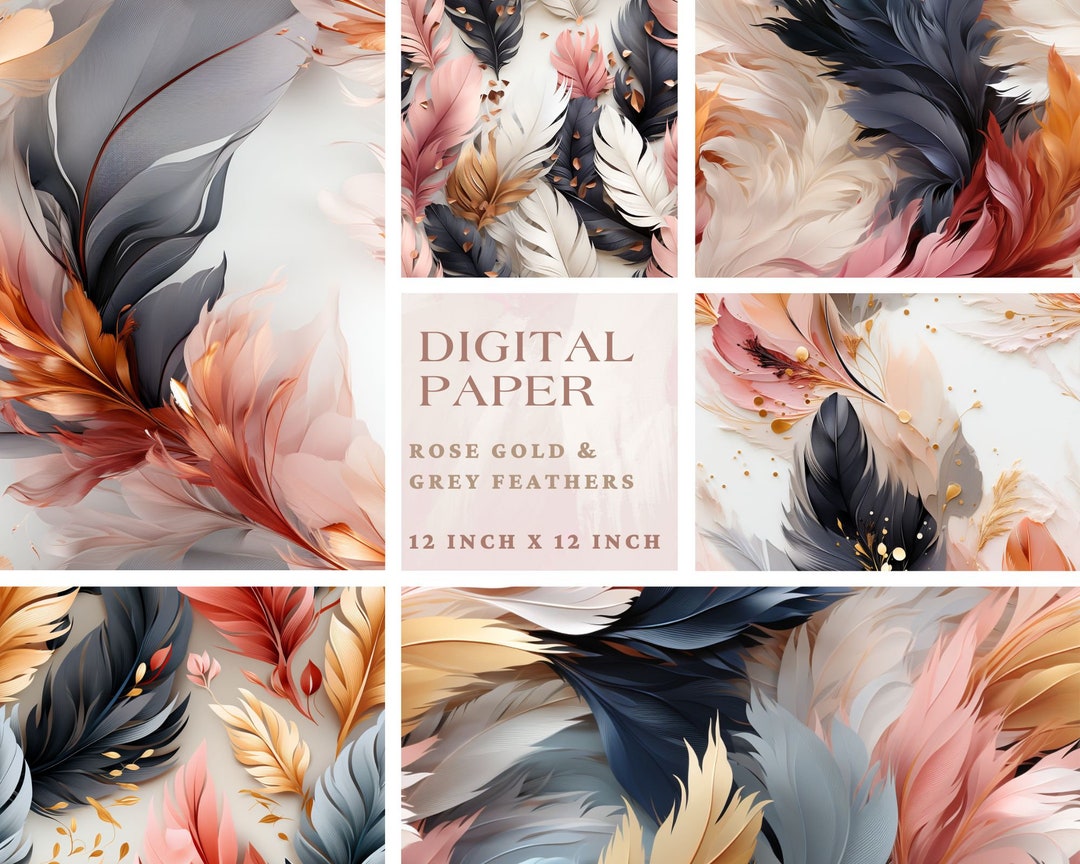 Rose Gold & Grey Feather Design Digital Paper, 6 Patterns, Instant ...