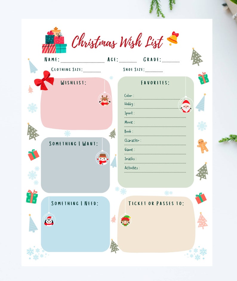 Kids Christmas Wish List, Printable Gift Wish List, Fun Christmas Wish List, Children Holiday ...